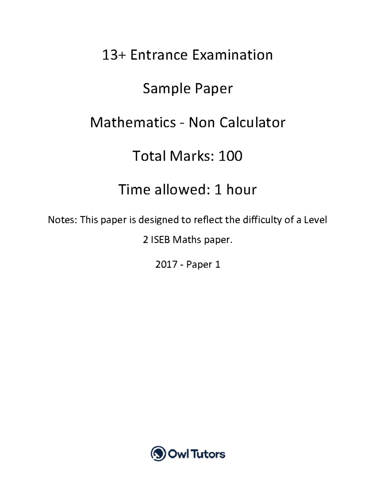Entrance Exam Sample Paper: Mathematics (Non-Calculator) 2017 - Studocu