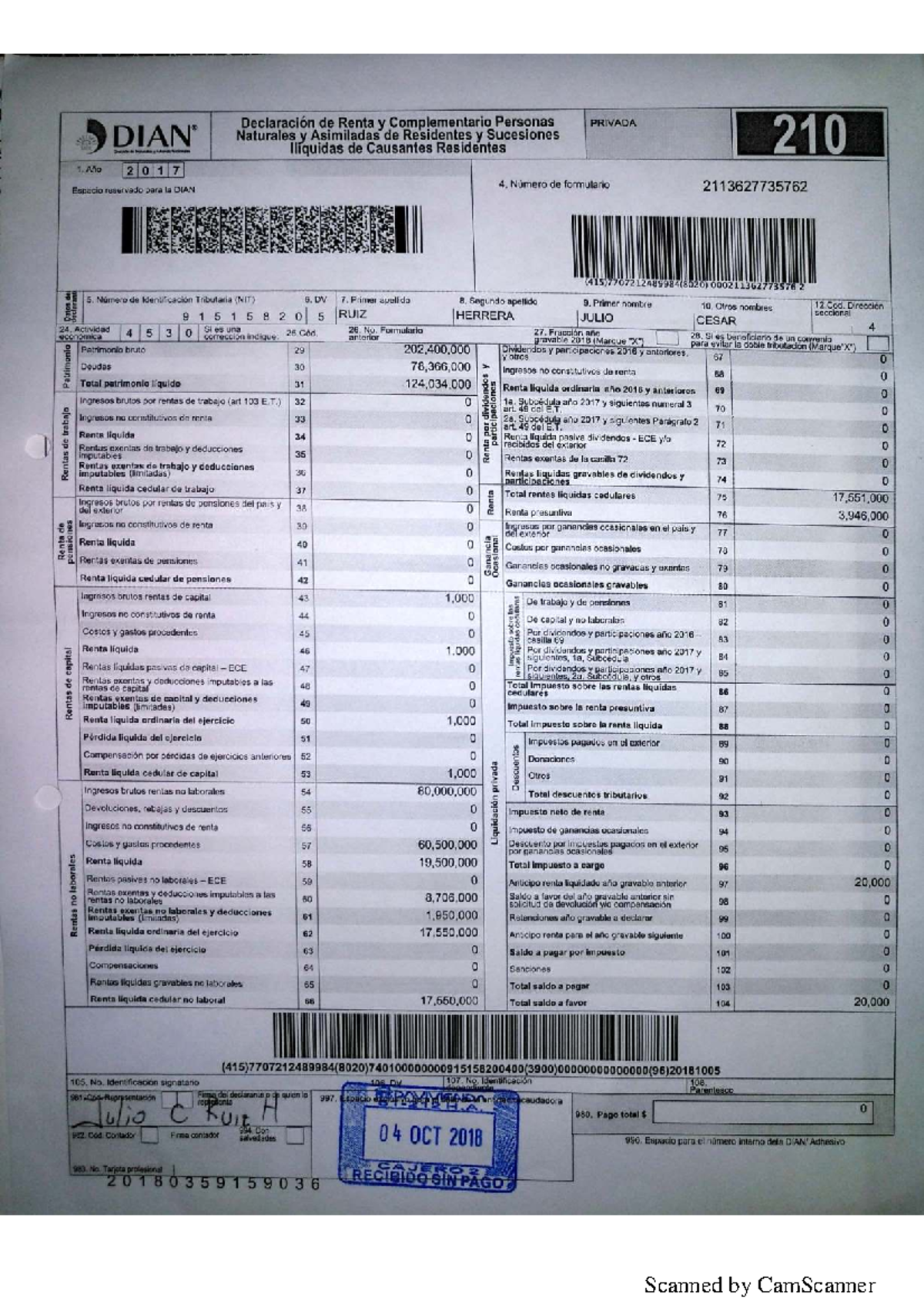 Declaración de Renta 2017 - Formulario 210 y Complementarios - Studocu