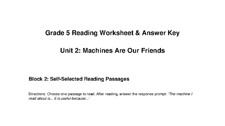 Grade 5 Reading Worksheet Answer Key: Unit 2 - Machines Are Our Friends ...