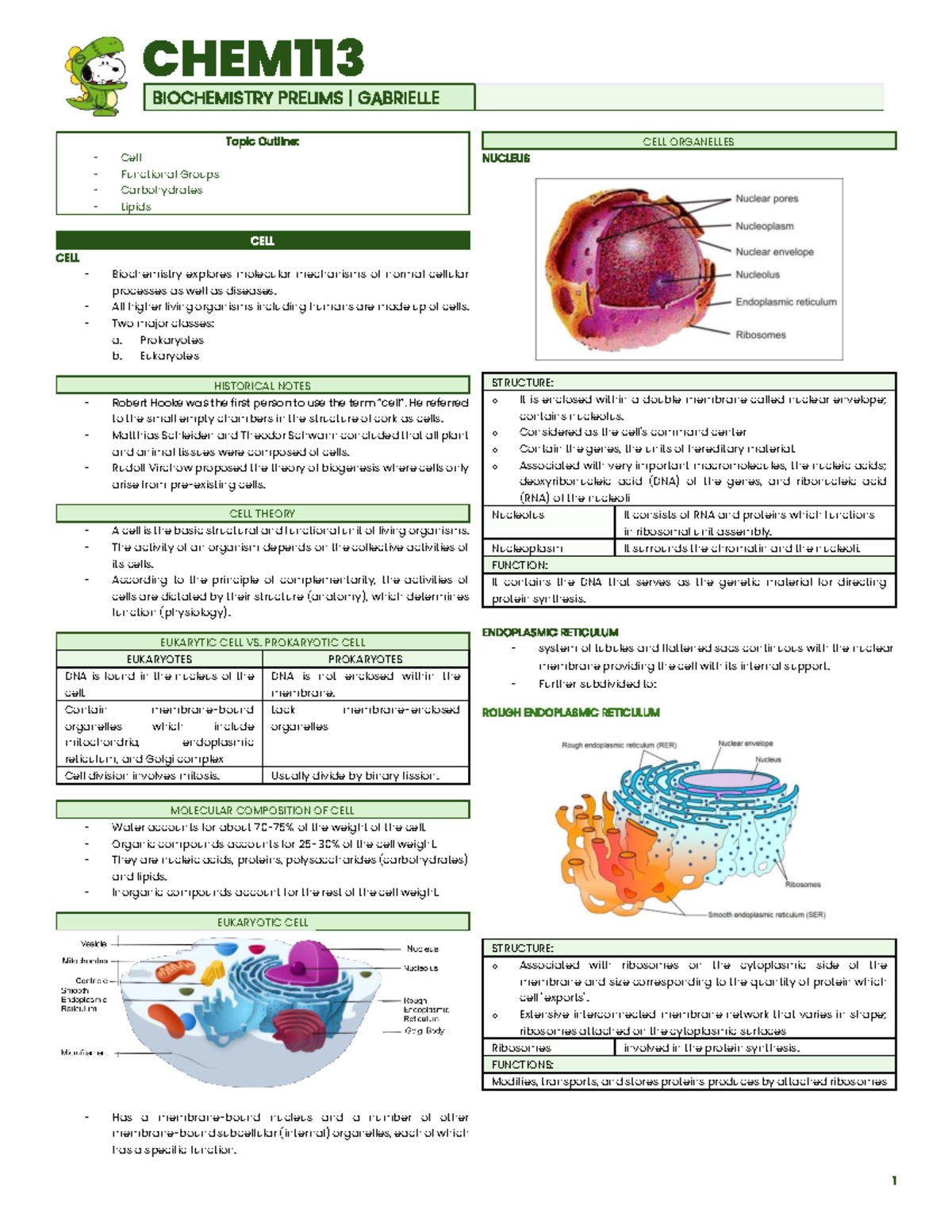 CHEM113 BIOCHEMISTRY PRELIMS GABRIELLE: Cell Structure & Function Overview - Studocu