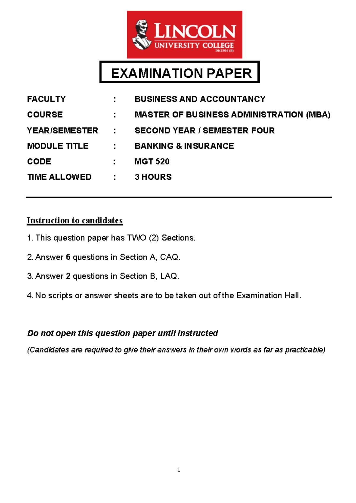 MGT 520: MBA Banking & Insurance Exam Paper - Semester 4 - Studocu