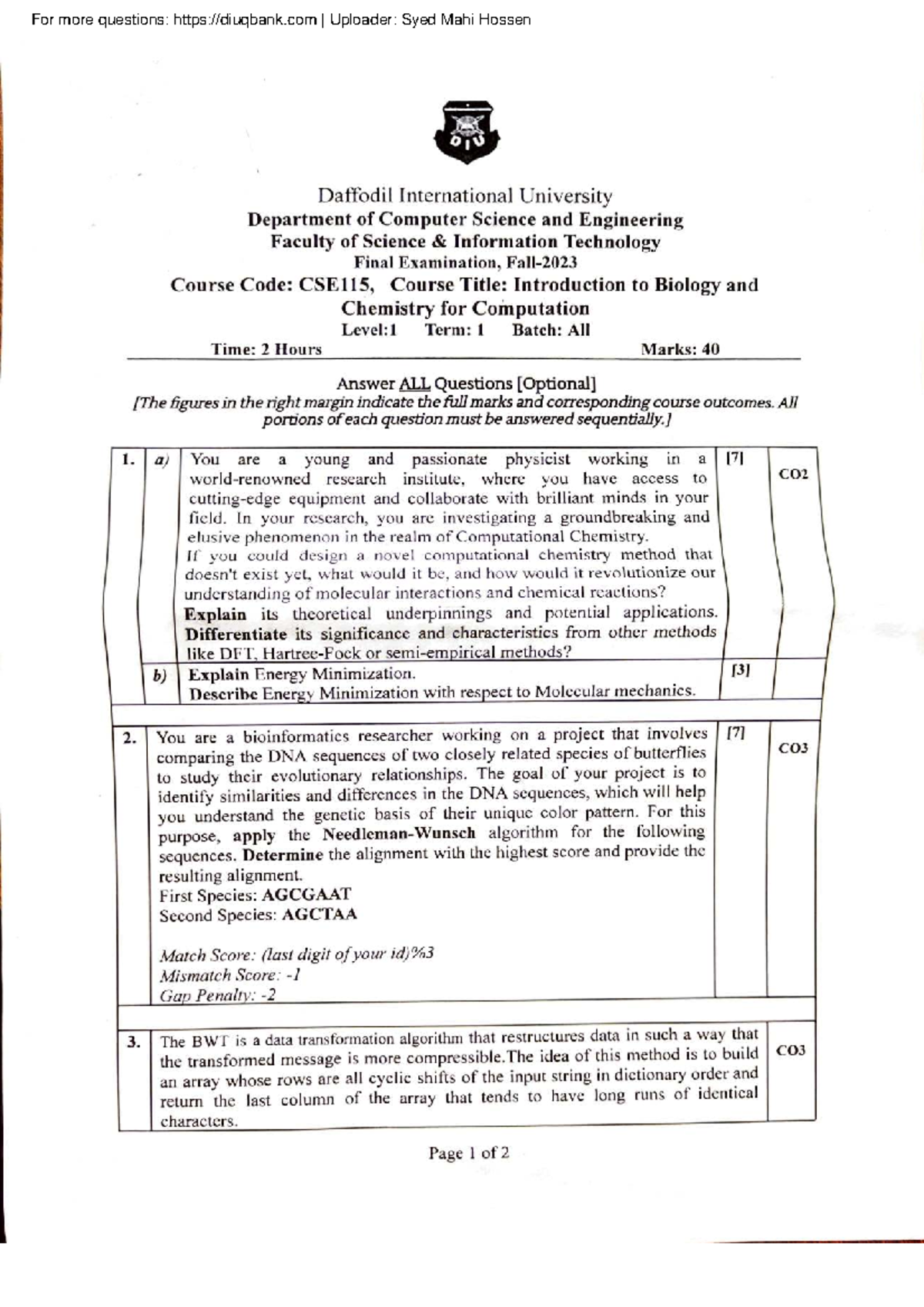 CSE115 Final Exam: Introduction to Biology & Chemistry for Computation ...