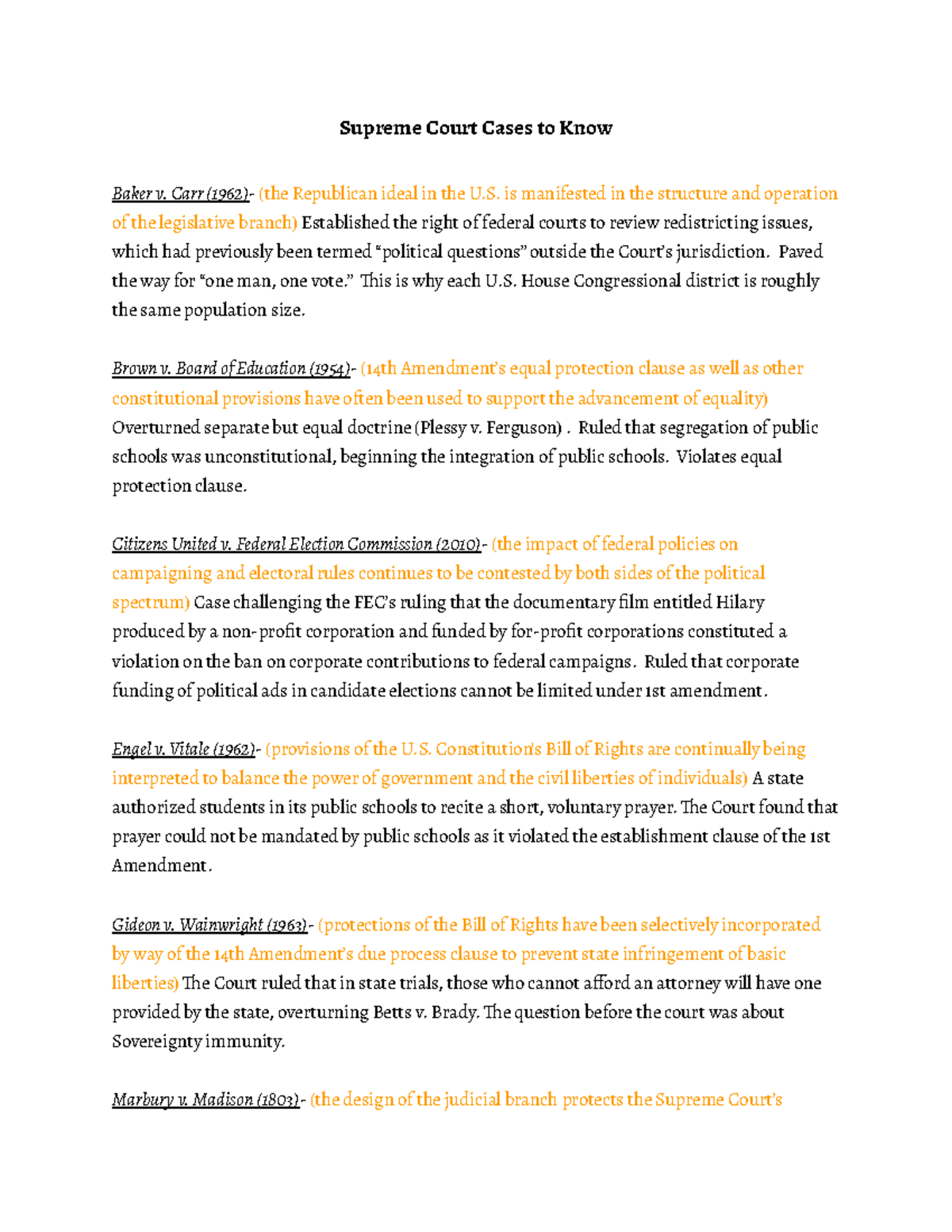 Supreme Court Cases to Know AP Gov. - Supreme Court Cases to Know Baker ...