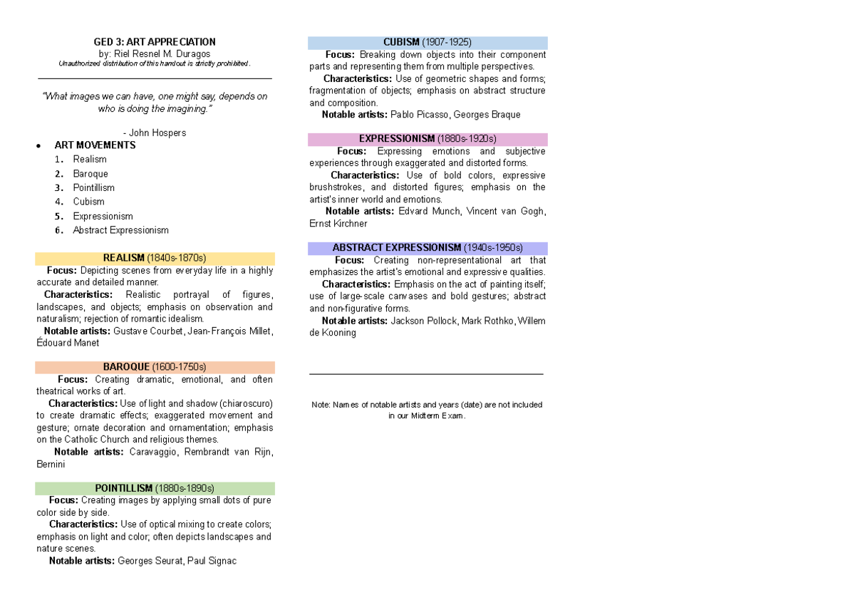 GED 3 Art Appreciation: Key Art Movements and Concepts Overview - Studocu