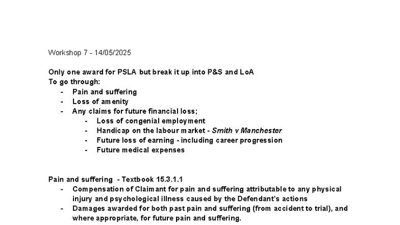Workshop 7 - PSLA Analysis: Pain, Suffering & Loss of Amenity - Studocu