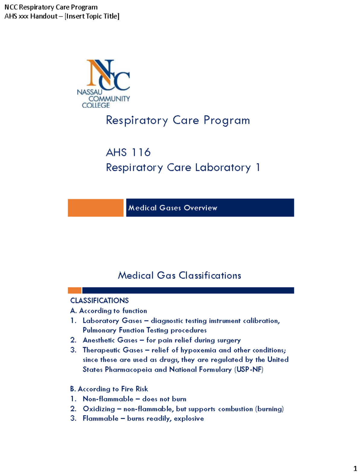 NCC AHS 116 Handout: Overview of Medical Gases in Respiratory Care ...