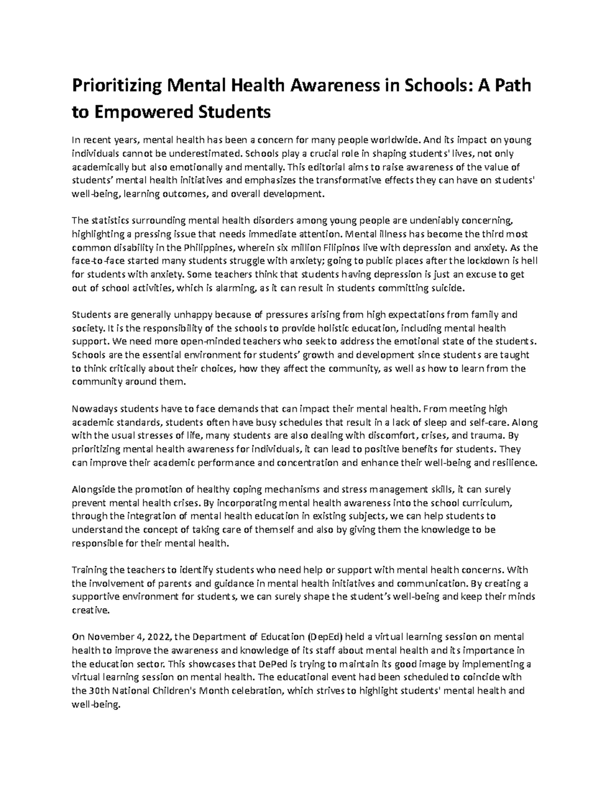 Journalism editorial - Prioritizing Mental Health Awareness in Schools ...