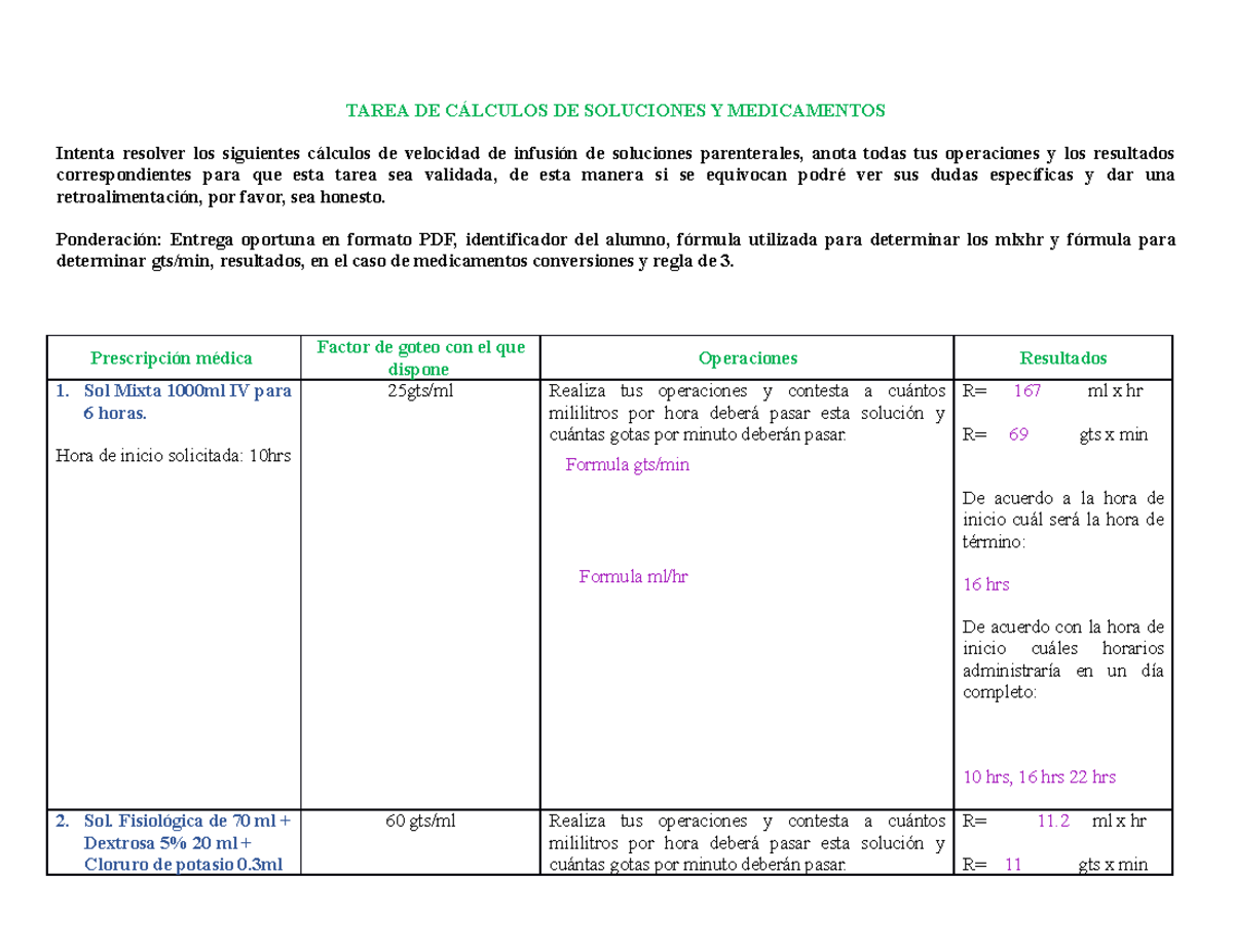 Tarea de velocidad de infusión y aforar - TAREA DE CÁLCULOS DE ...
