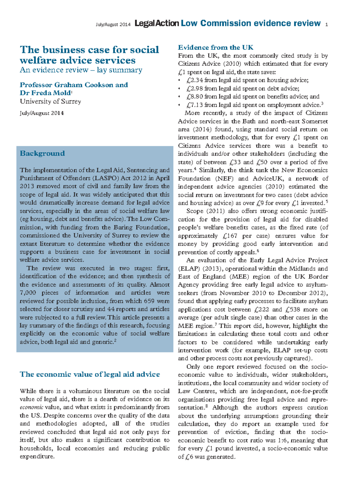 BUSINESS CASE STUDY FOR WELFARE ADVICE SERVICES - July/August 2014 ...
