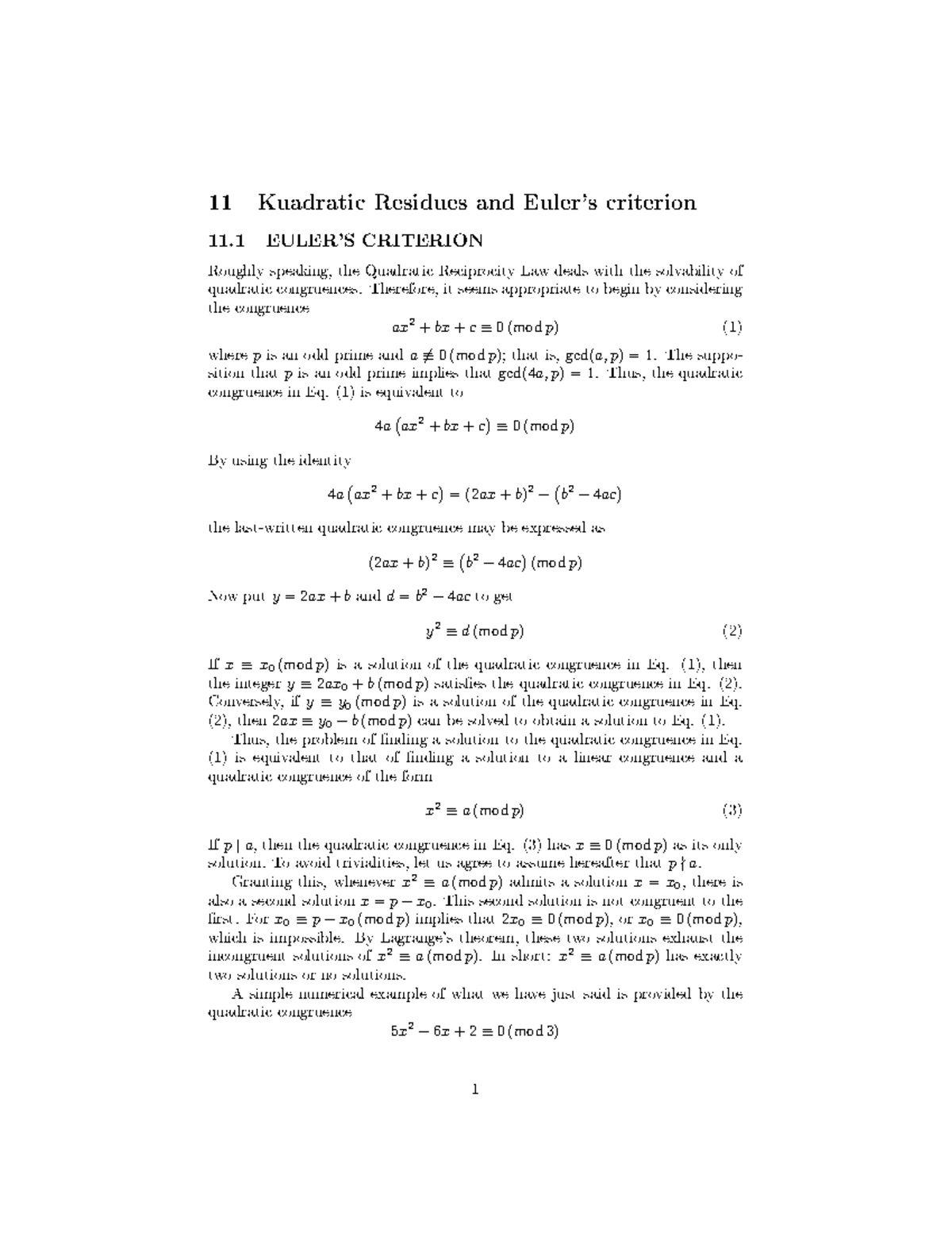 11.1 Quadratic Residues and Euler's Criterion in Number Theory - Studocu