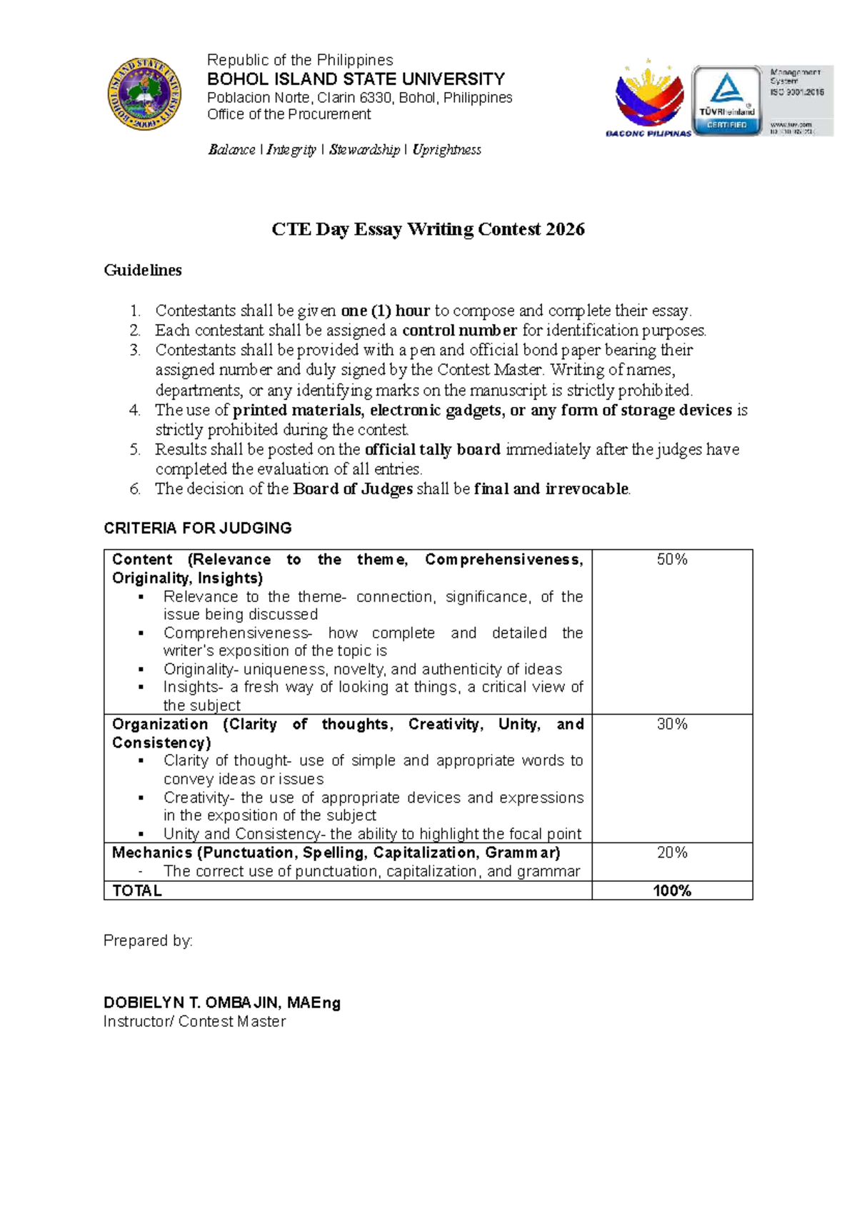 CTE Day Essay Writing Contest 2026 Guidelines and Criteria - Studocu