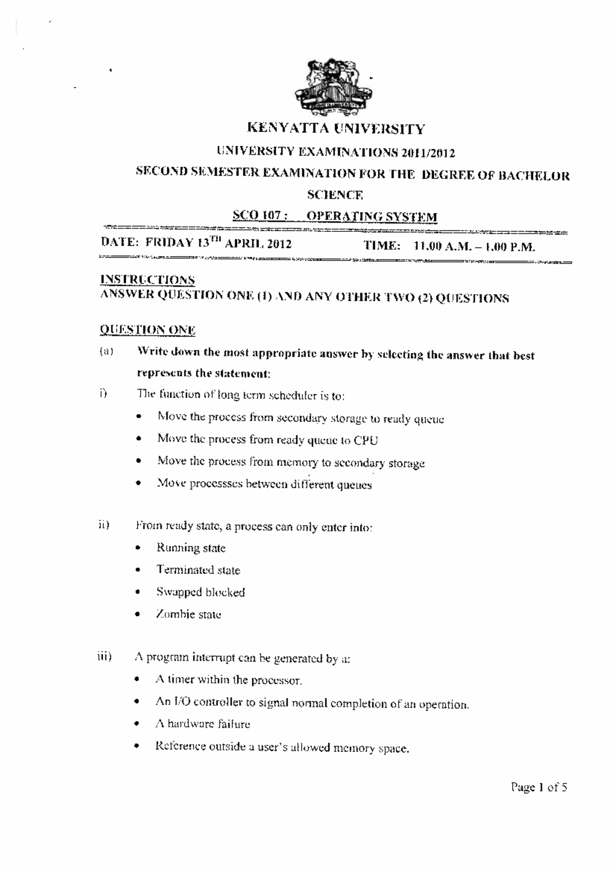 SCO 107/217 Past Exam Papers: Operating Systems Review Guide - Studocu