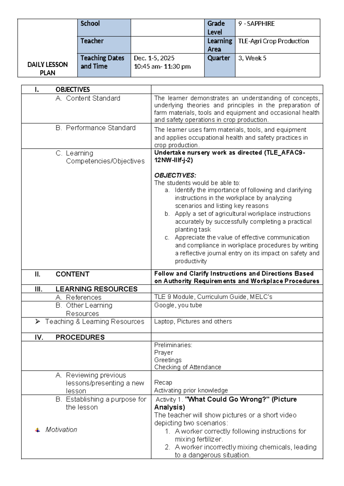 TLE 9 Lesson Plan: Following & Clarifying Instructions in Agriculture - Studocu