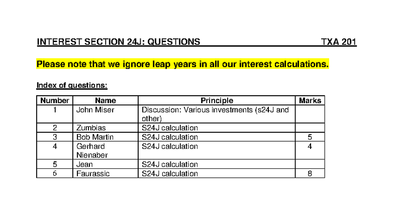 Interest Questions 2025: Section 24J Calculations TXA 201 - Studocu