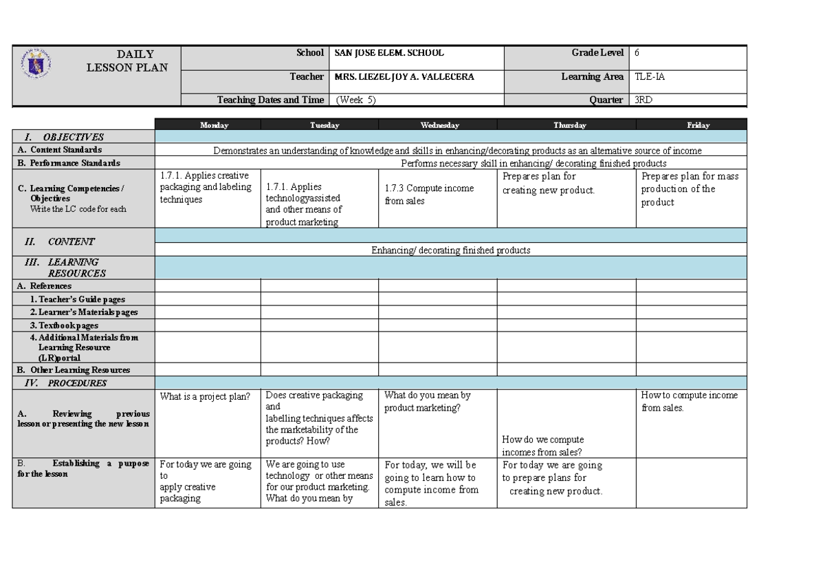 DLL TLE 6 IA W5 - Daily Lesson Plan for Creative Product Marketing ...