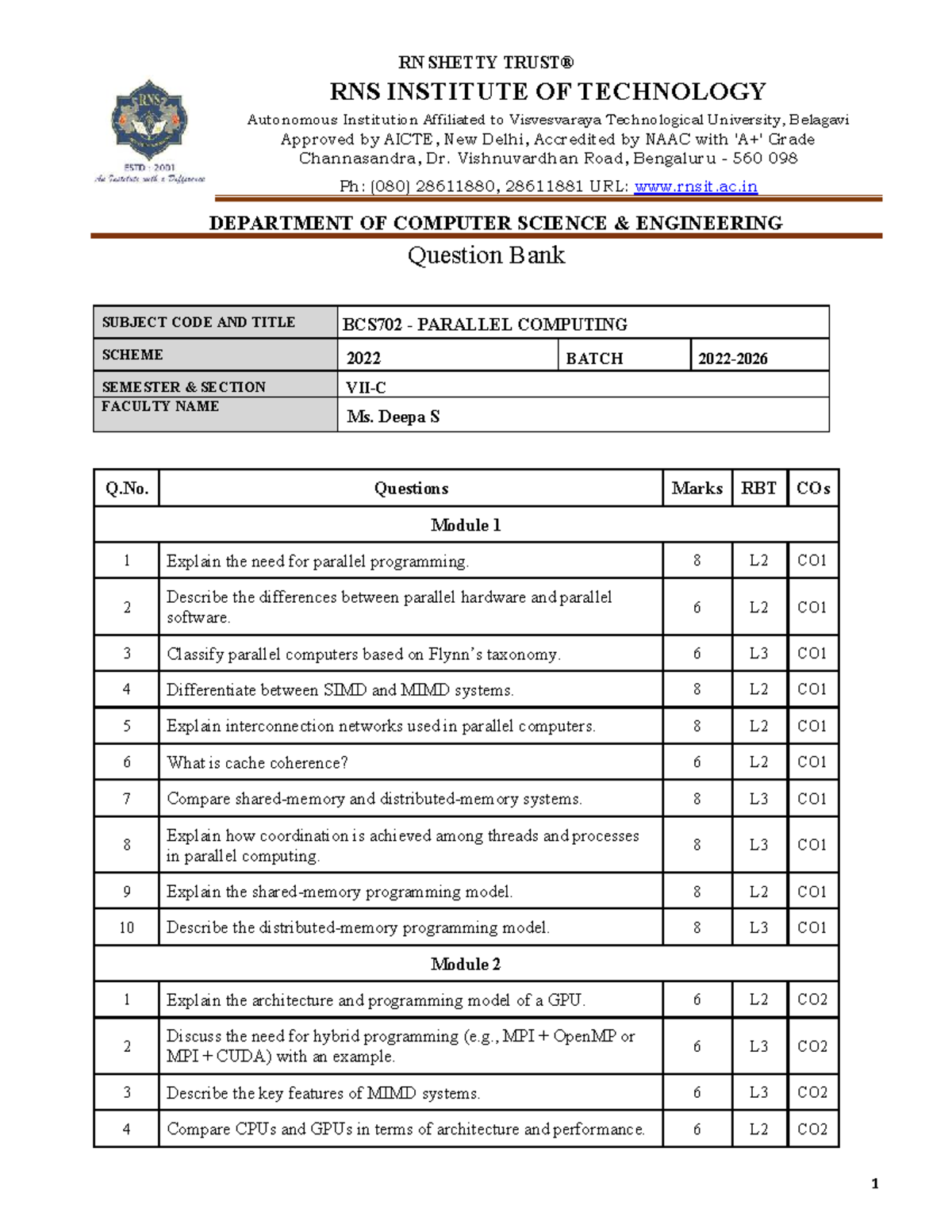 BCS702 Parallel Computing Question Bank for Exam Preparation - Studocu
