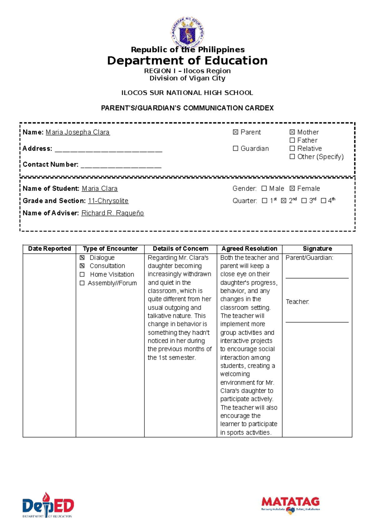 Communication Cardex for Maria Clara - ILOCOS SUR NATIONAL HIGH SCHOOL ...