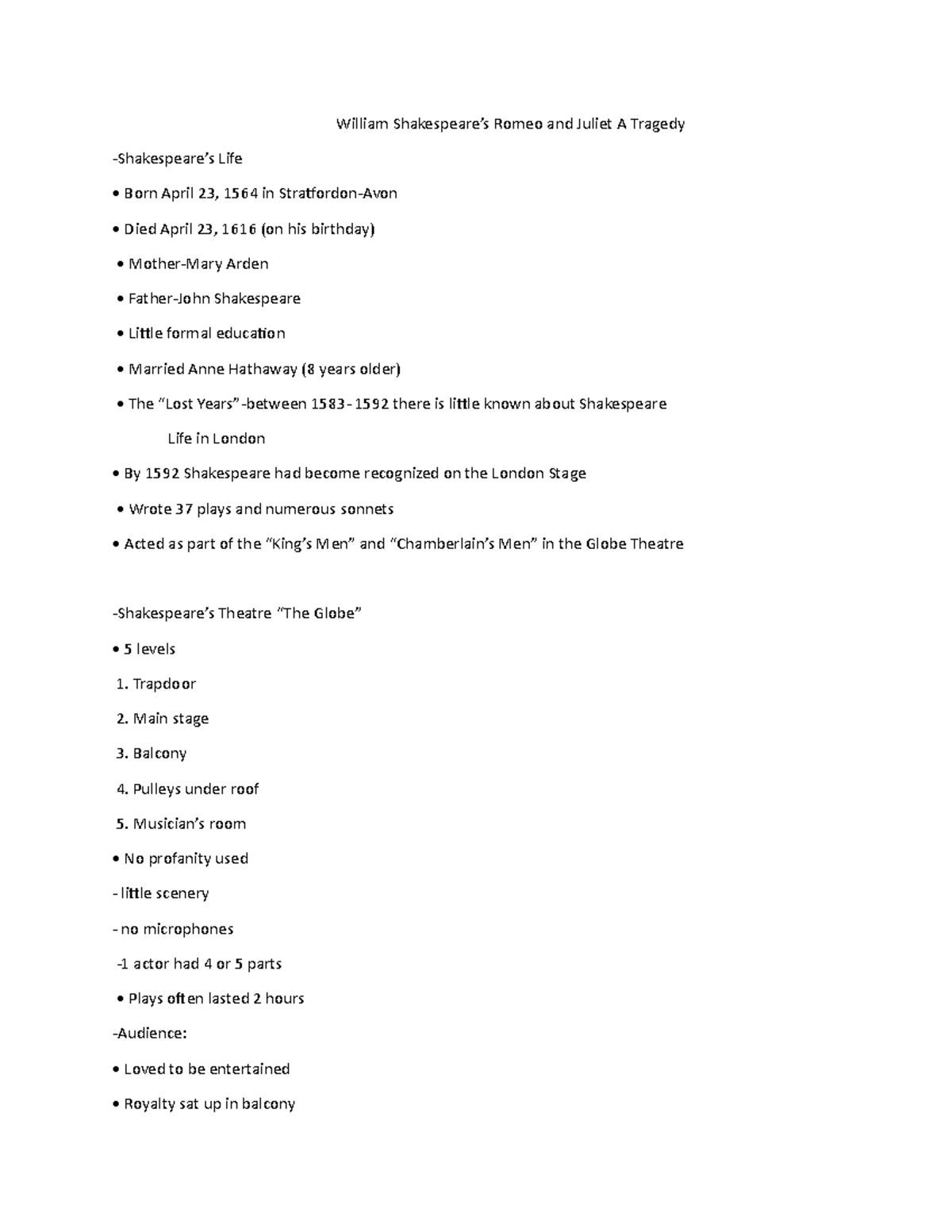 William Shakespeare Notes - William Shakespeare’s Romeo and Juliet A ...