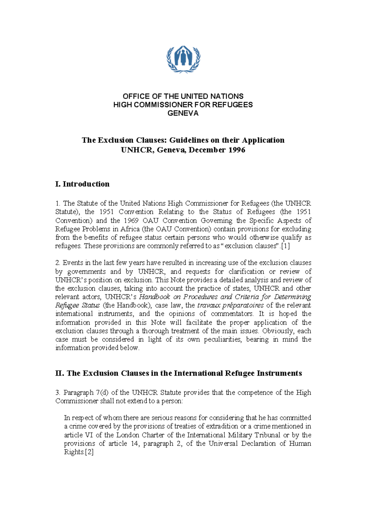 UNHCR Exclusion Clauses: Guidelines for Application and Interpretation ...