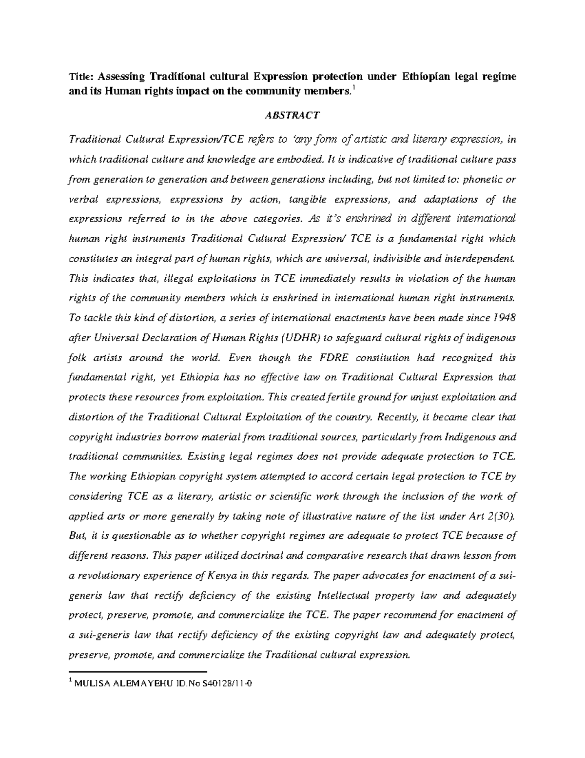 Assessing Traditional cultural Expression protection under Ethiopian ...