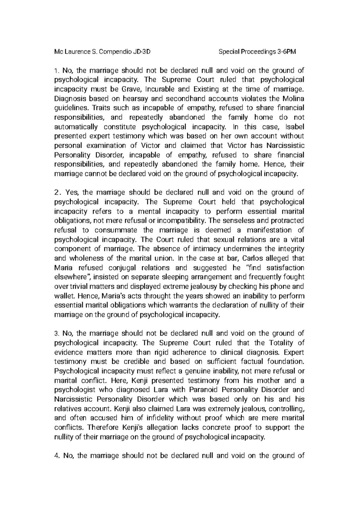 Compendio Quiz Week 6B: Psychological Incapacity in Marriage - Studocu