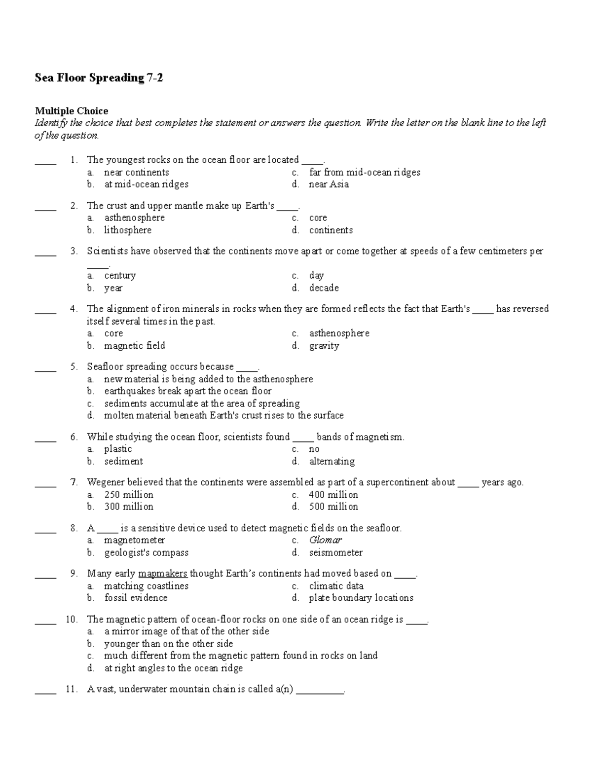 Seafloor Spreading Test: Multiple Choice & Matching (Course 7) - Studocu