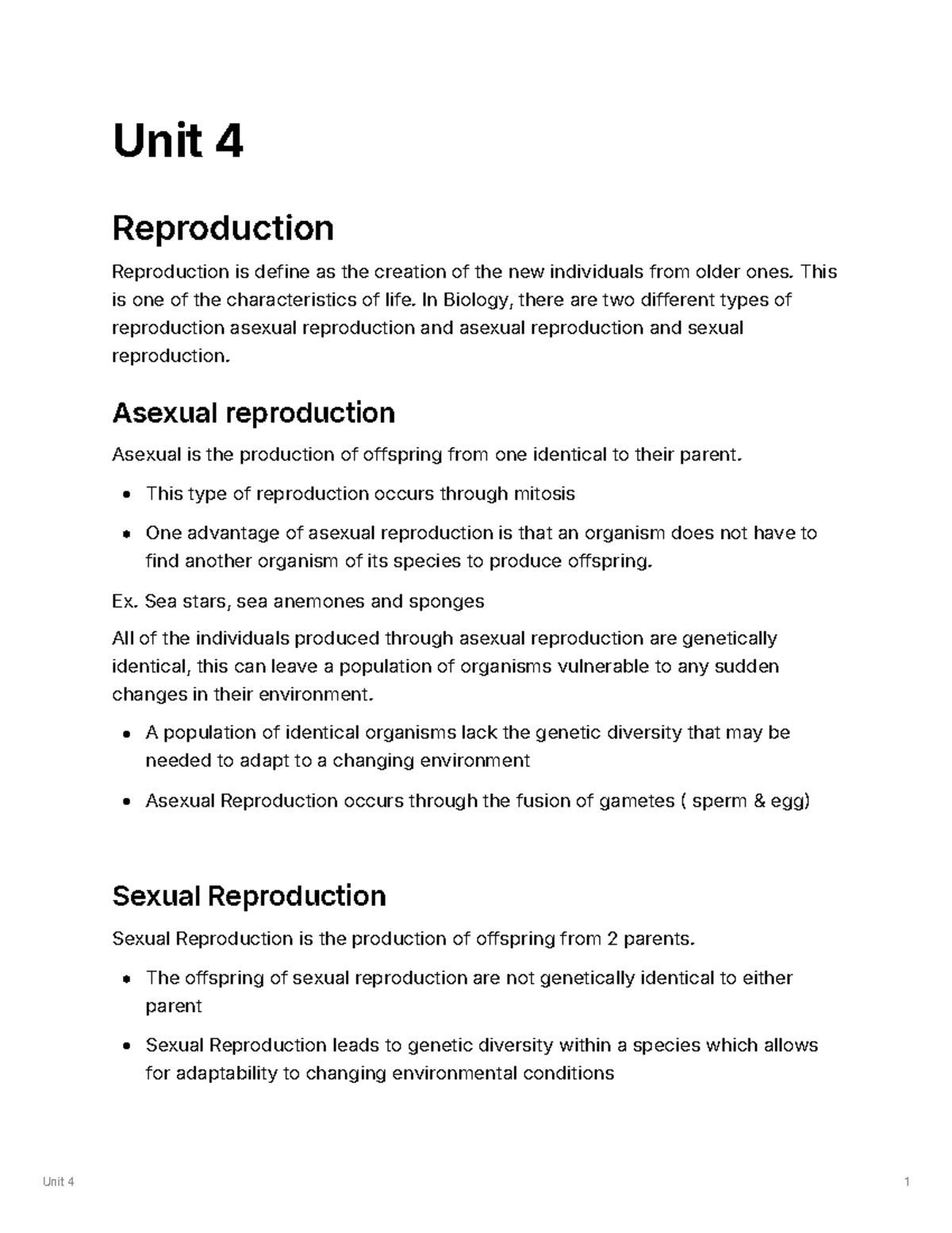 Unit 4: Reproduction and Cell Division Overview - Studocu