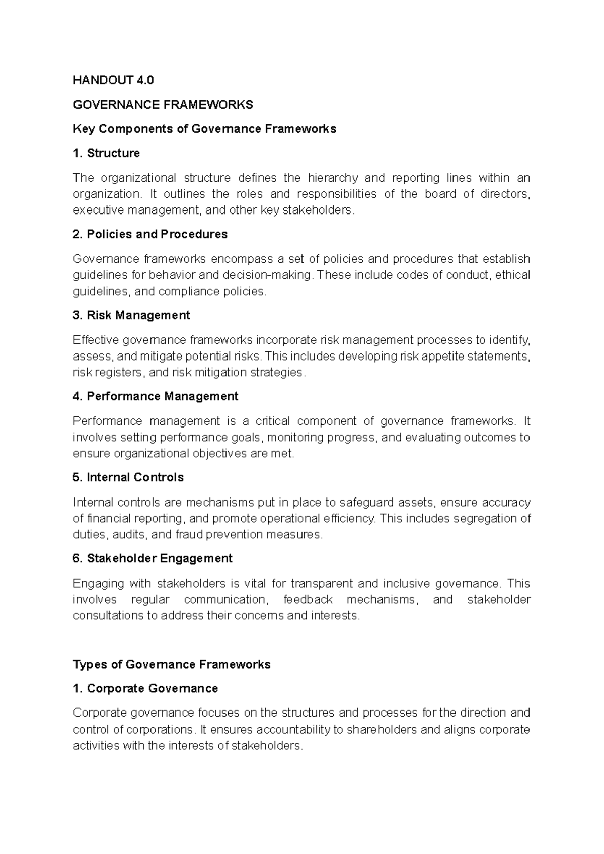 Governance frameworks: Key components and common types - Studocu