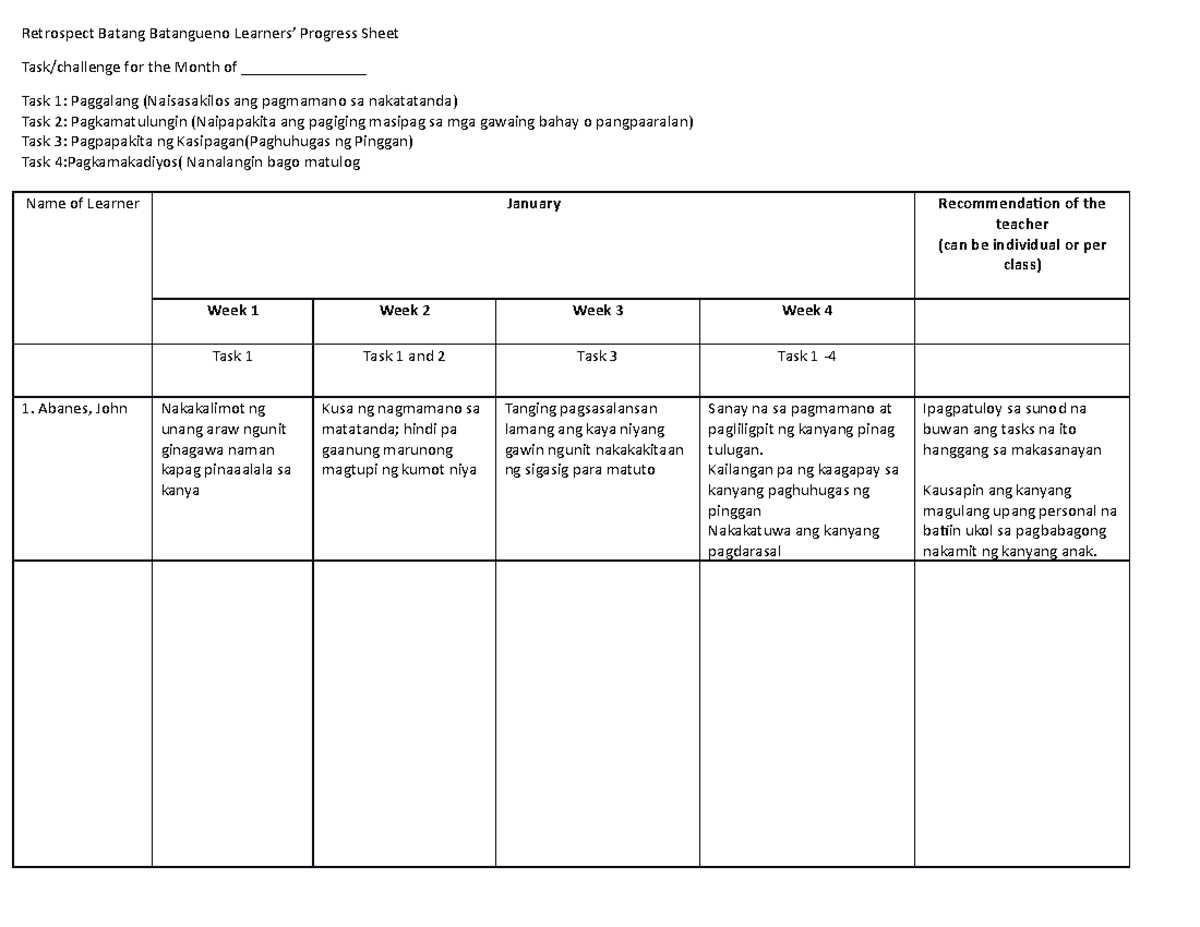RBB Learners' Progress Sheet - Monthly Task Evaluation - Studocu