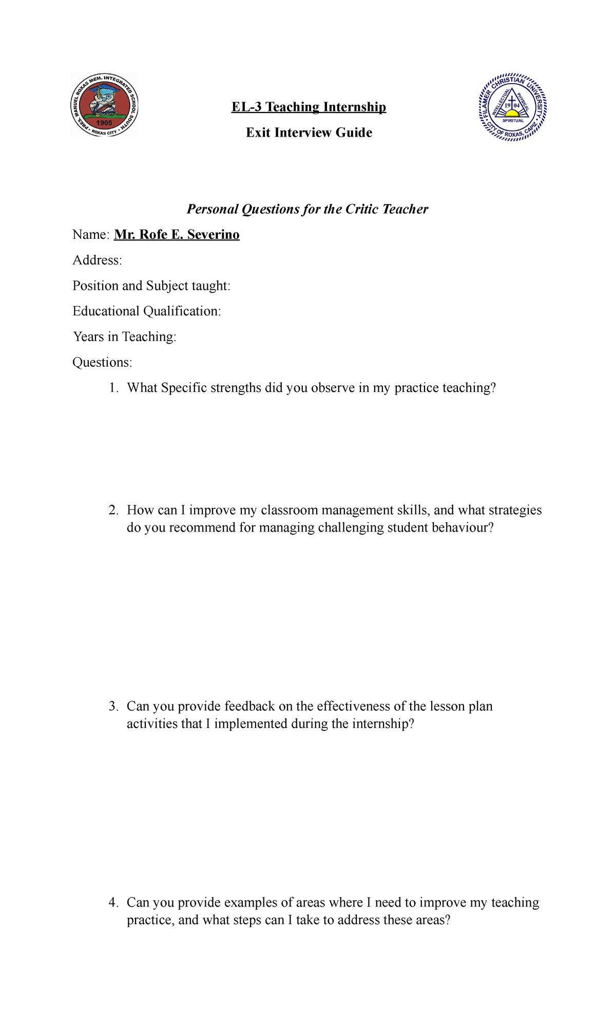 Teaching Internship EL-3 Exit Interview Guide Questions - Studocu