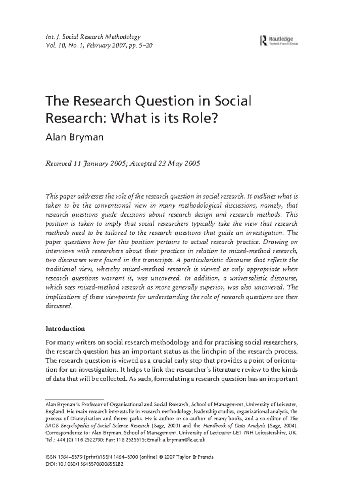 Bryman 2007 The Research Question in Social Research - Int. J. Social ...