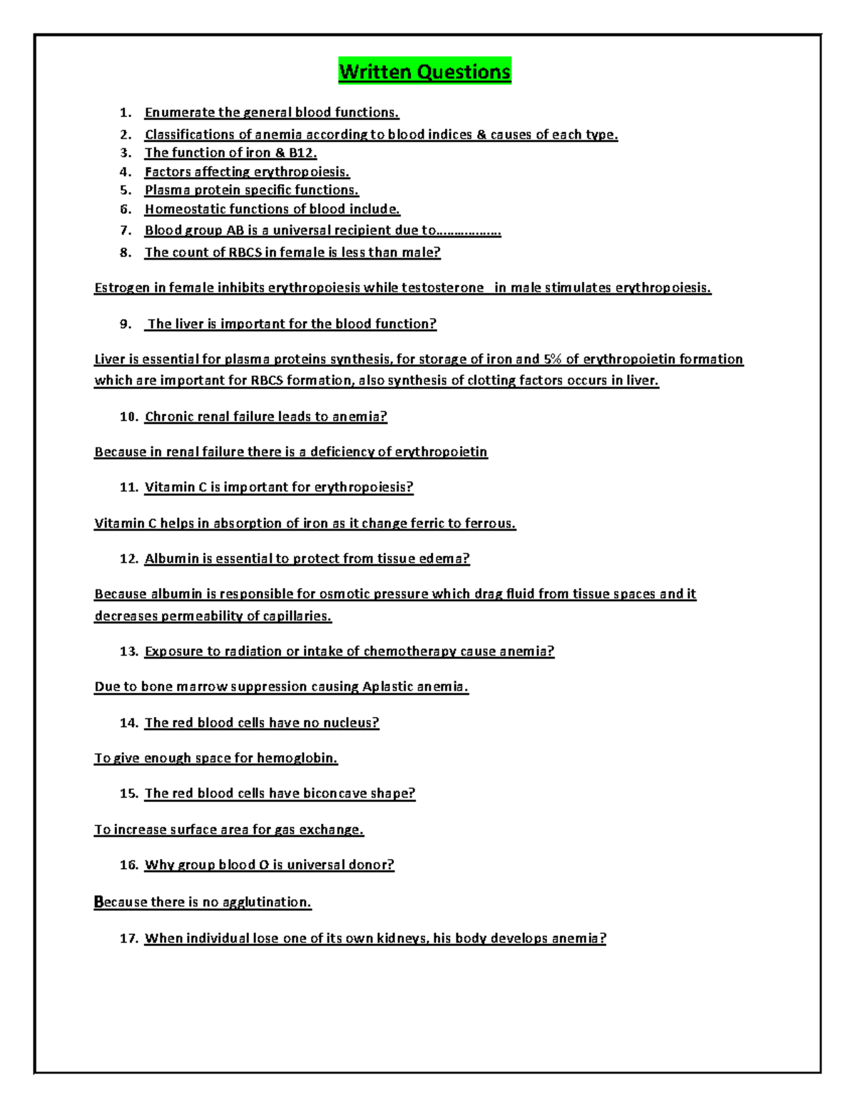 Physiology Question Bank: Blood Functions & Anemia Causes Study Guide ...