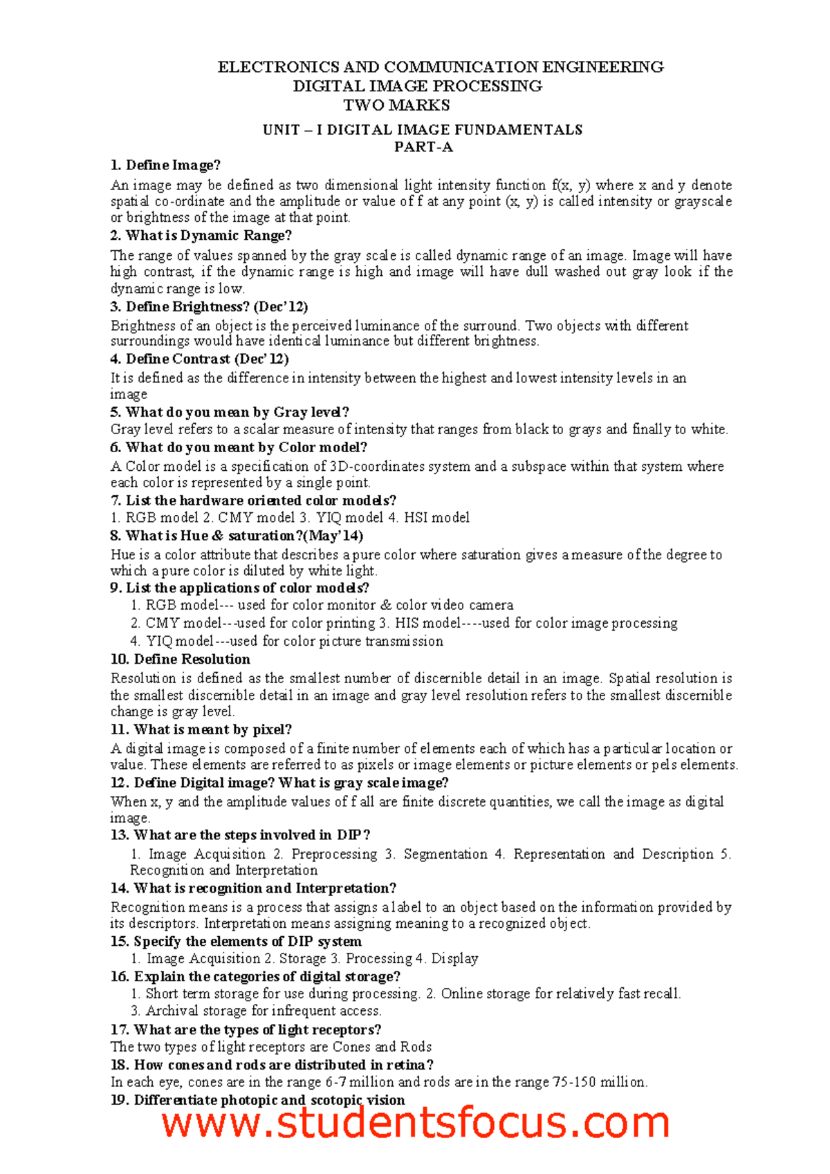 IT6005 qb 2013 regulation - ELECTRONICS AND COMMUNICATION ENGINEERING DIGITAL IMAGE PROCESSING ...