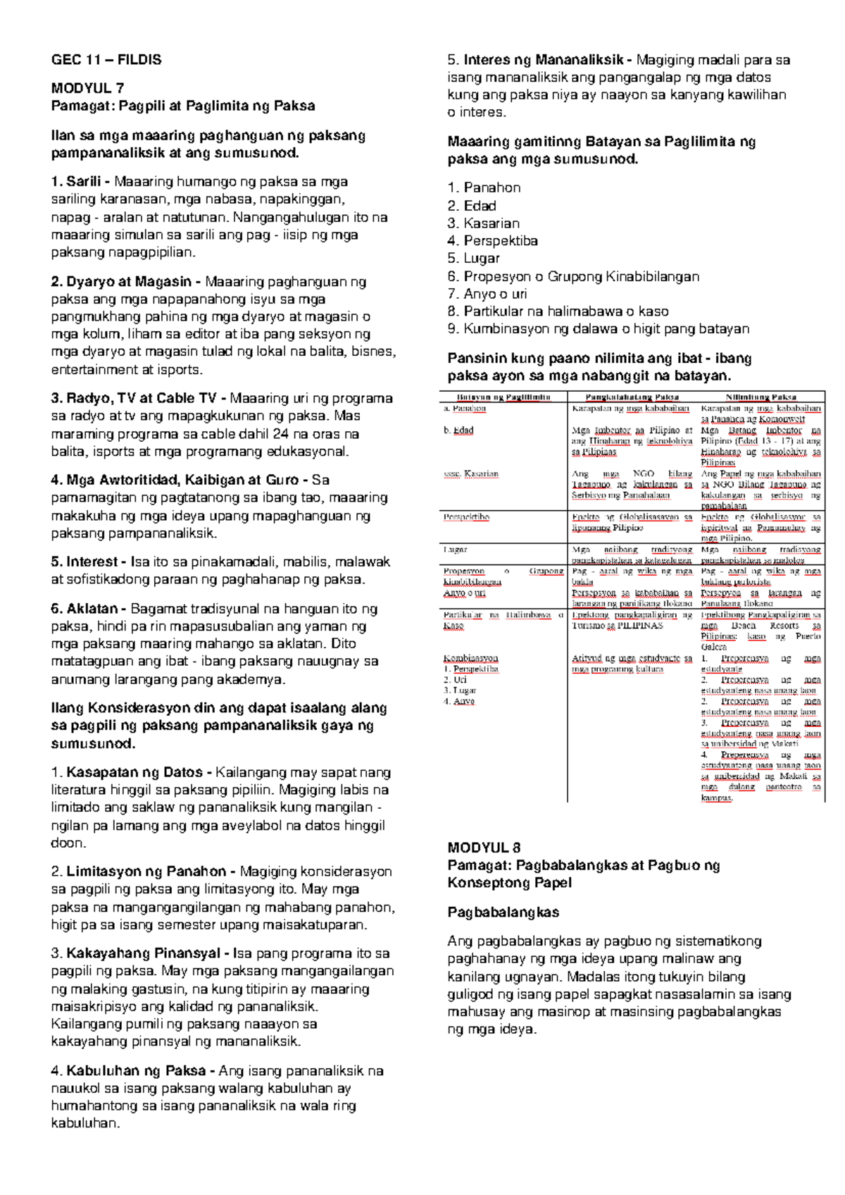GEC 11 FILDIS M7: Pagpili at Paglilimita ng Paksa sa Pananaliksik - Studocu