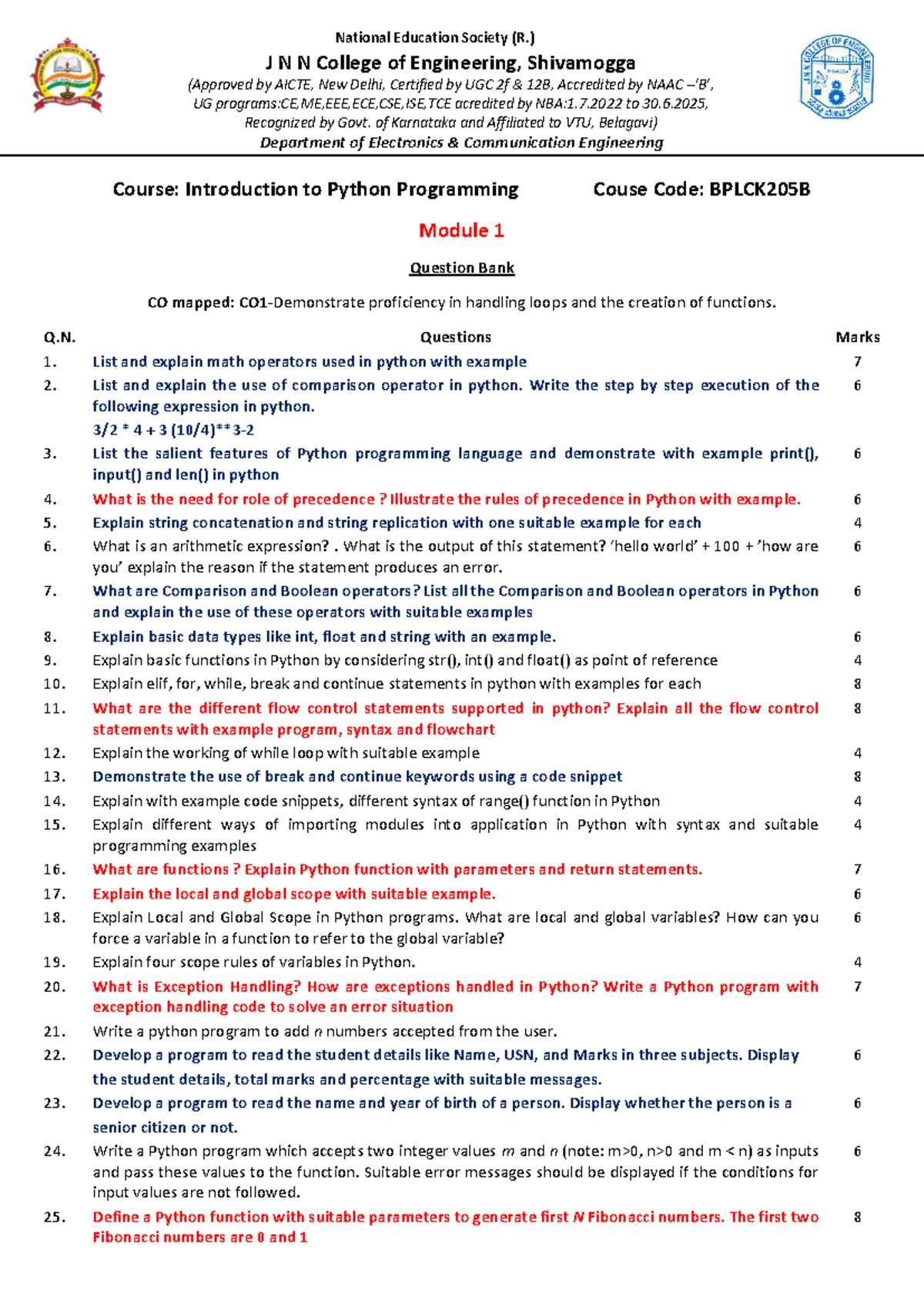 Question Bank for Module 1: Python Programming (BPLCK205B) - Studocu