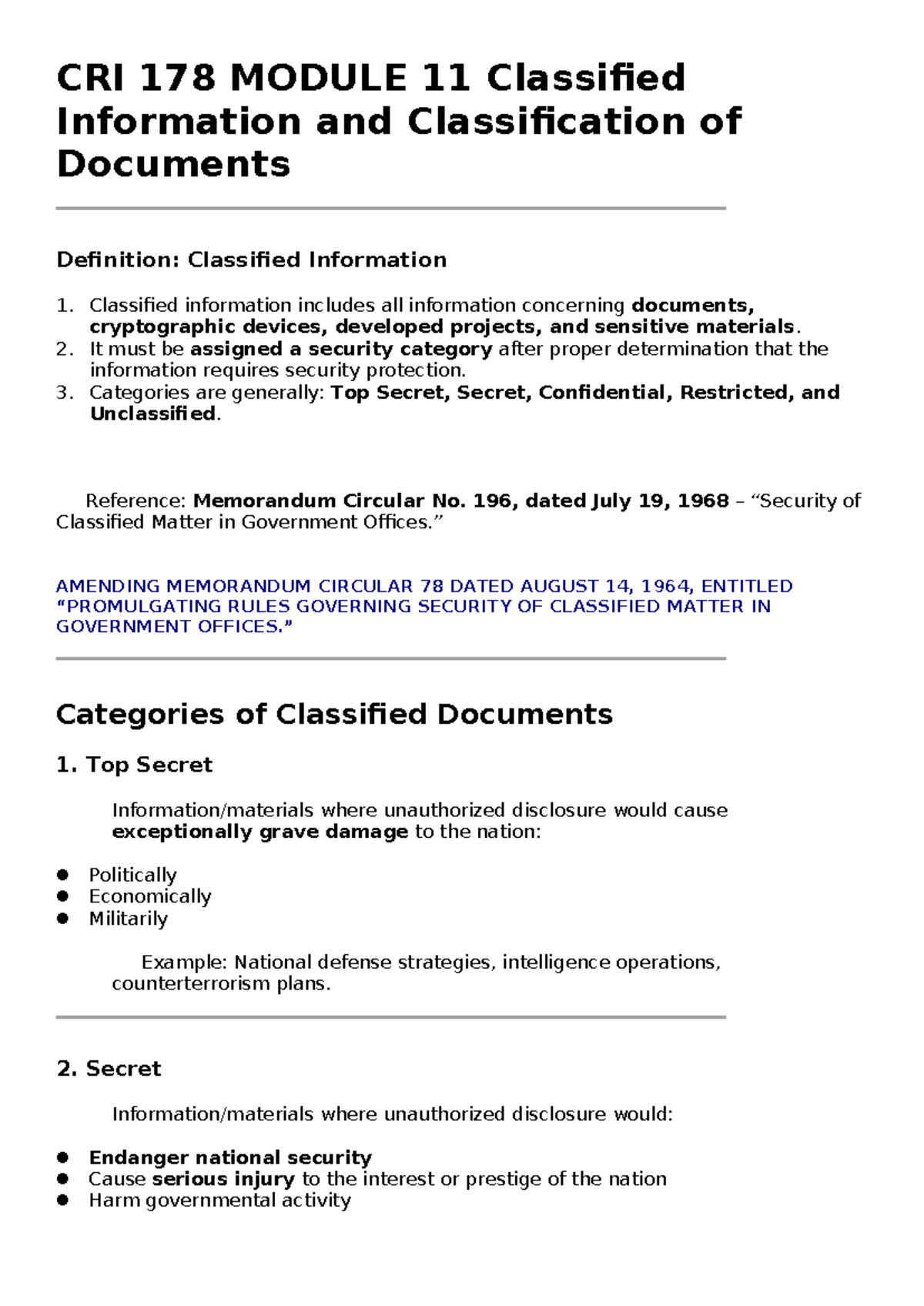 CRI 178 Module 11: Understanding Classified Information and Its ...
