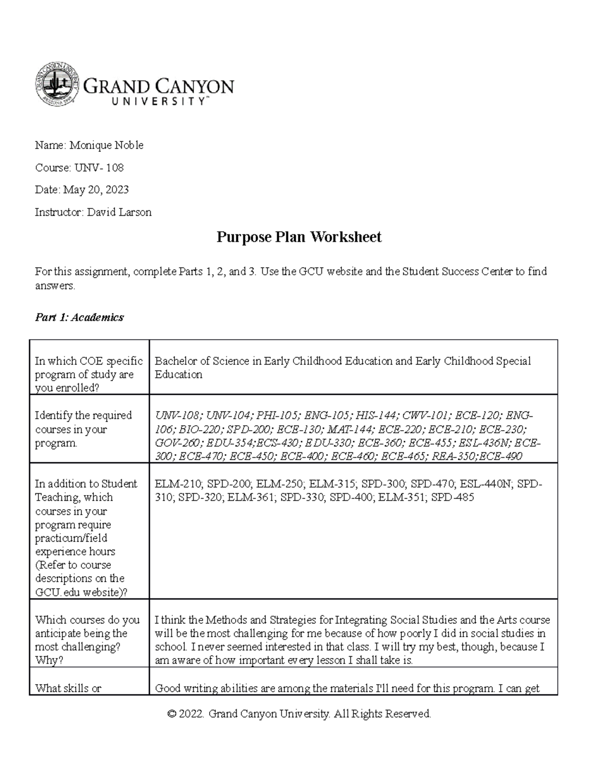 UNV-108 T4: Purpose Plan Worksheet for Gen Ed and Practicum ...