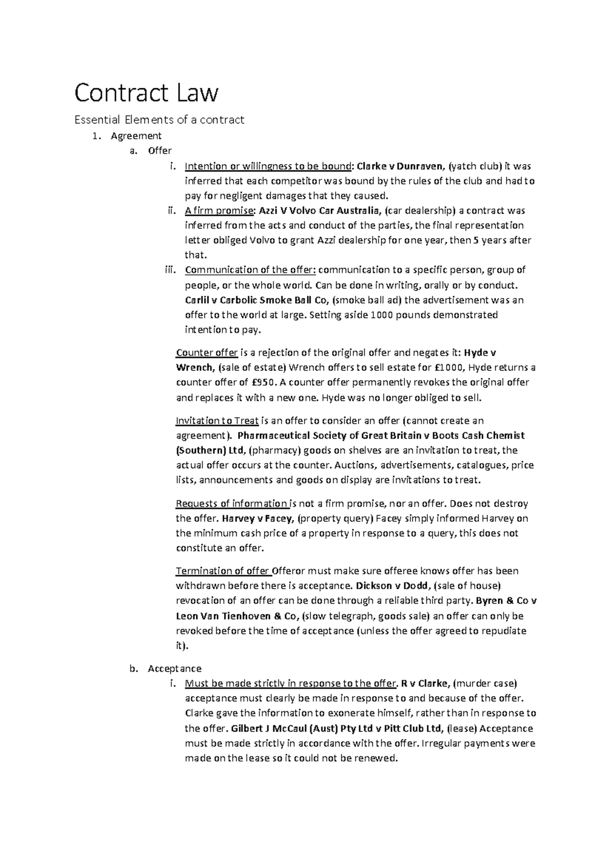TABL1710 Notes - Contract Law Essential Elements of a contract ...