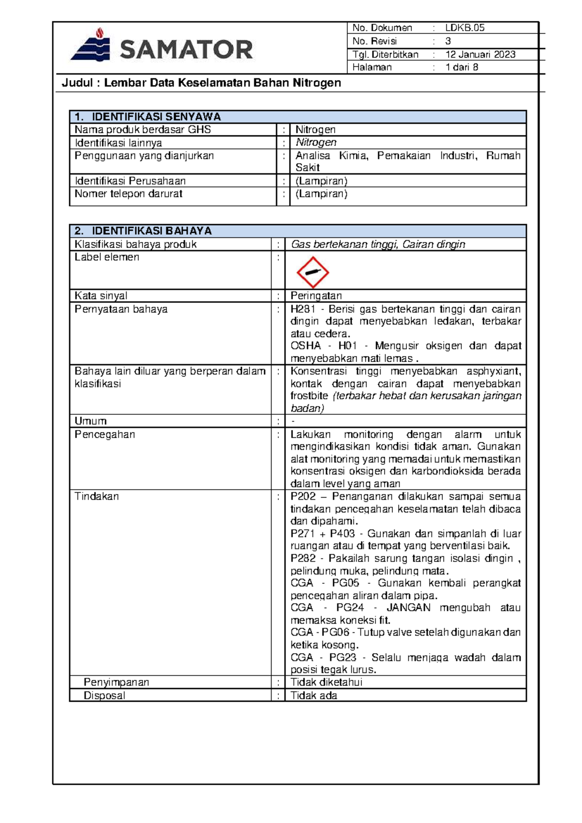 Lembar Data Keselamatan Bahan Nitrogen (LDKB.05) - MSDS - Studocu