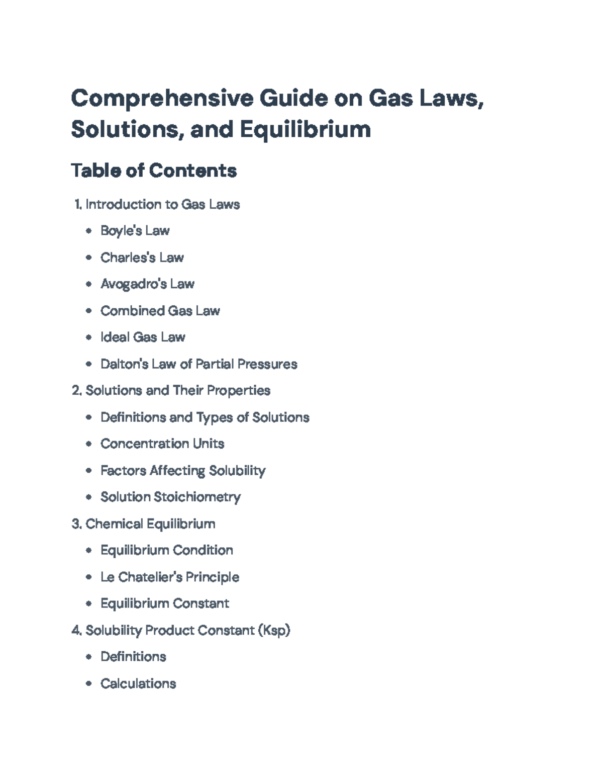 Comprehensive Guide to Gas Laws, Solutions, and Equilibrium Concepts ...
