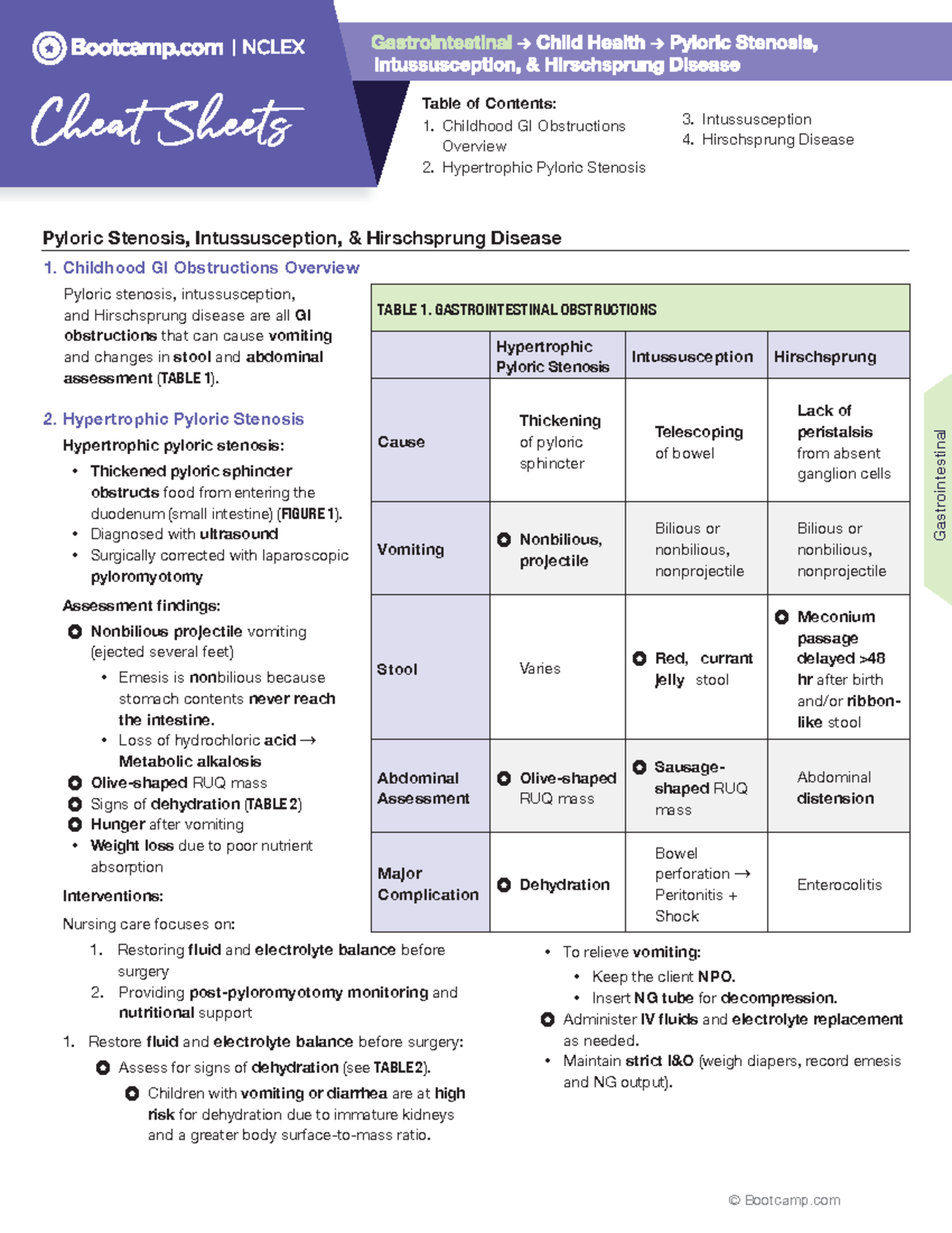 Pyloric Stenosis, Intussusception, & Hirschsprung Disease Cheat Sheet ...