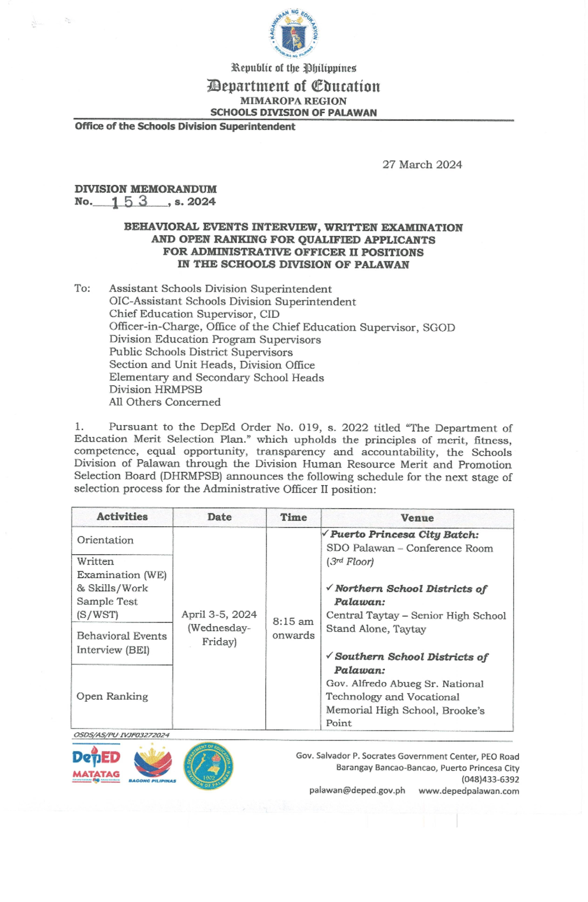 Behavioral Events Interview Exam & Ranking for Qualified AO II - SDO ...