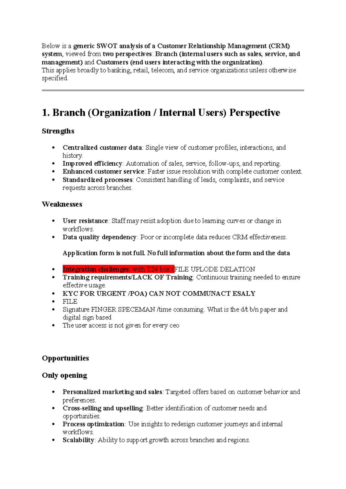 User Acceptance of CRM: A SWOT Analysis for Branch Users - Studocu