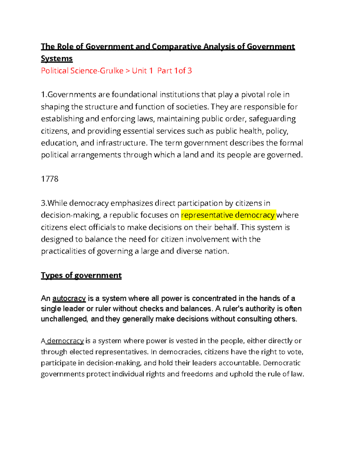Political Science-Grulke Unit 1: Role of Government & Comparative ...
