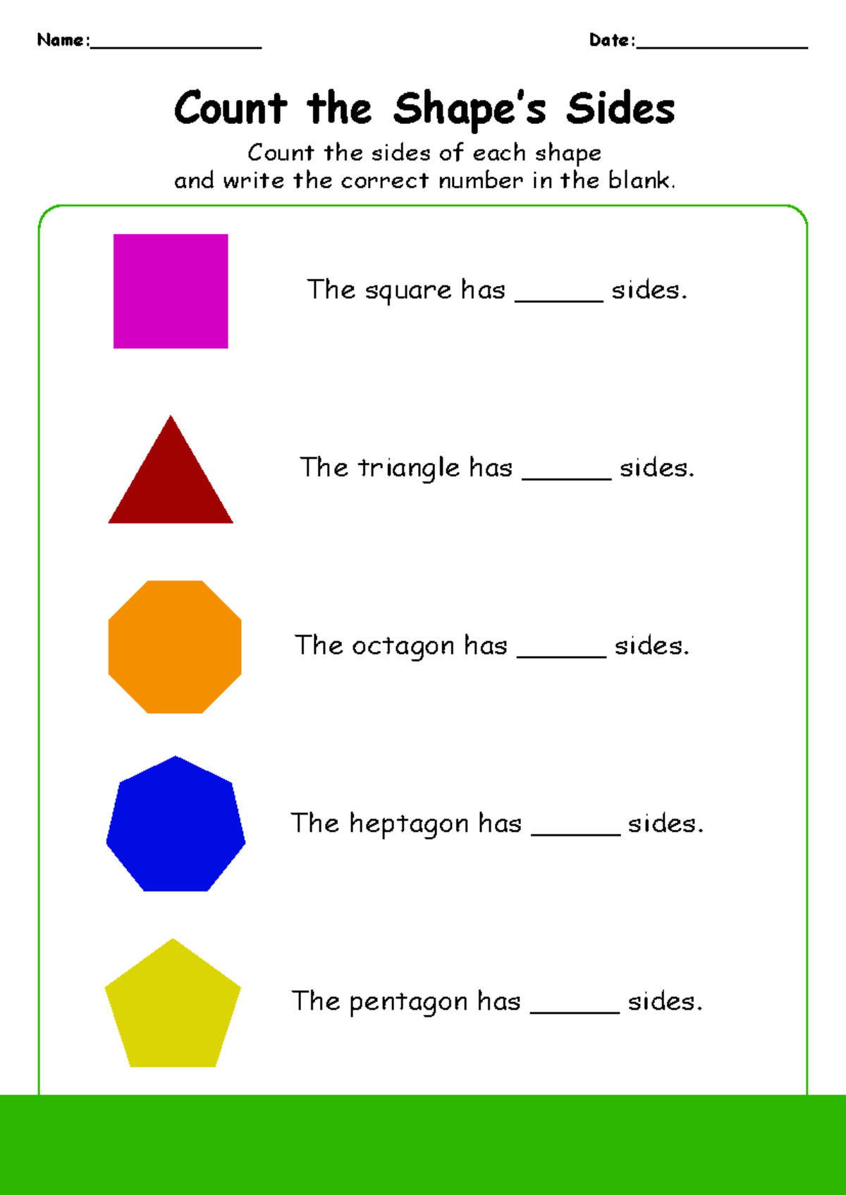 Count the Shape's Sides - Kindergarten Worksheet - Count the Shape‛s ...