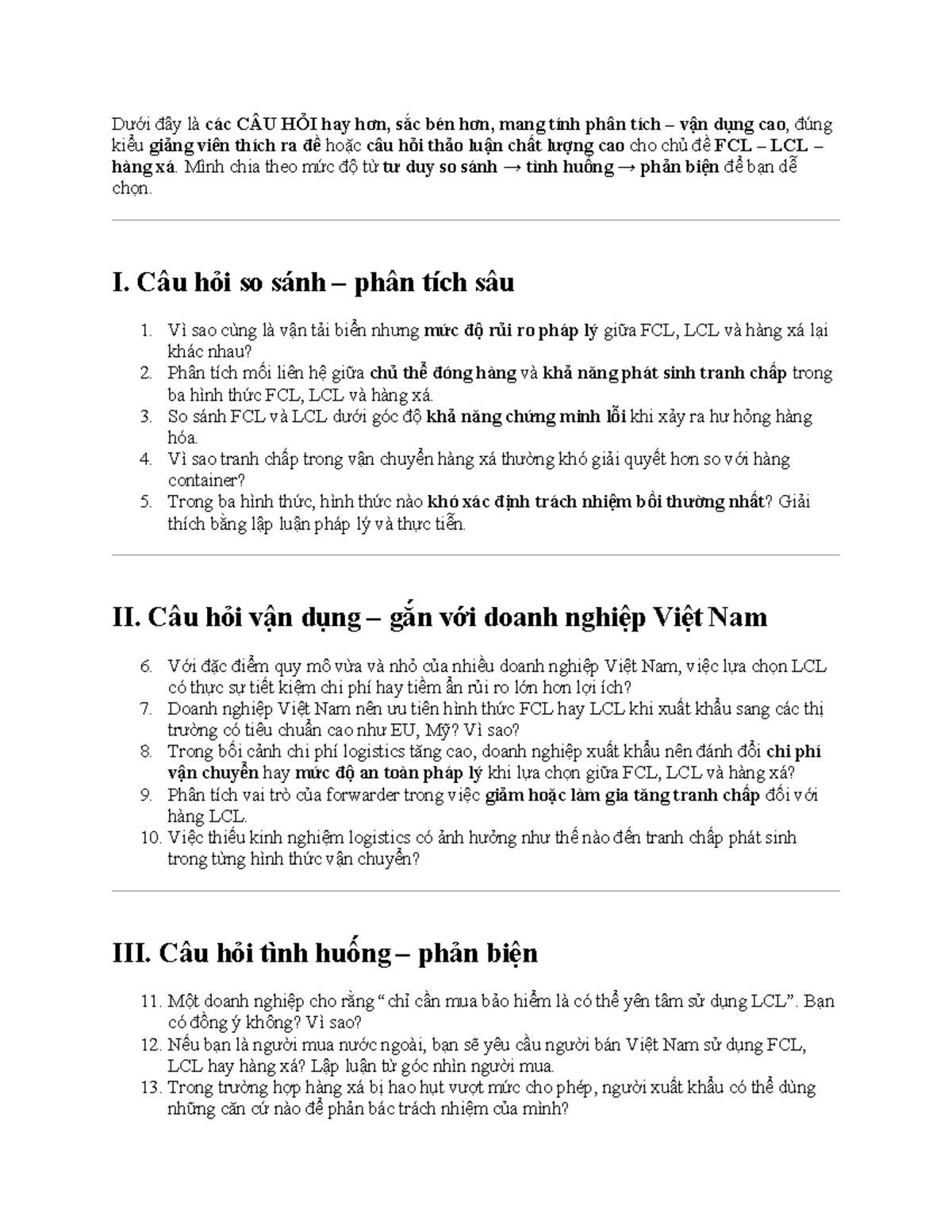Câu hỏi thảo luận chất lượng cao về FCL, LCL và hàng xá - FCL LCL - Studocu