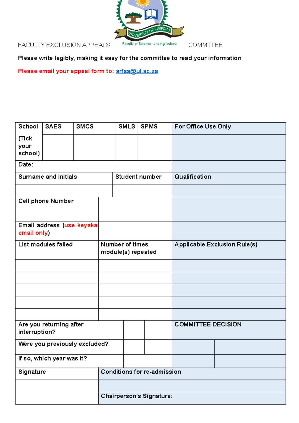 Appeal form (Undergraduates) fsa - FACULTY EXCLUSION APPEALS COMMTTEE ...
