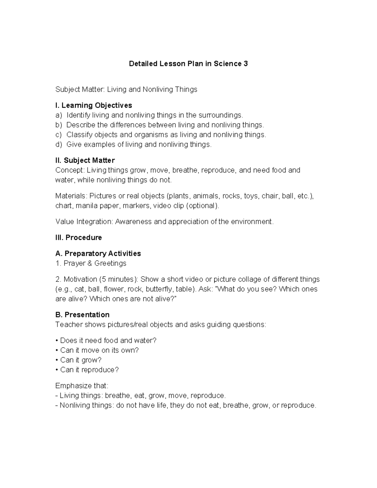 Lesson Plan: Living and Nonliving Things (Science 3) - Studocu