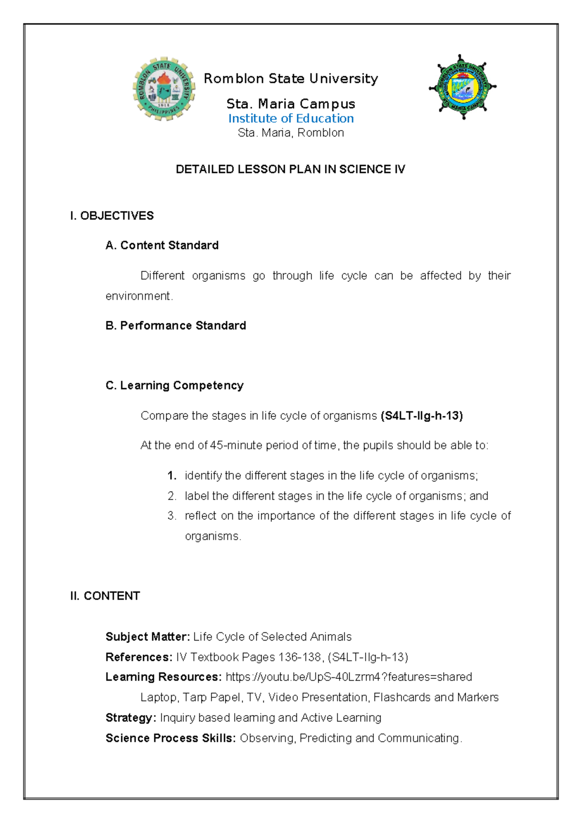 Detailed Lesson Plan for Grade 4 Science: Life Cycle of Organisms - Studocu