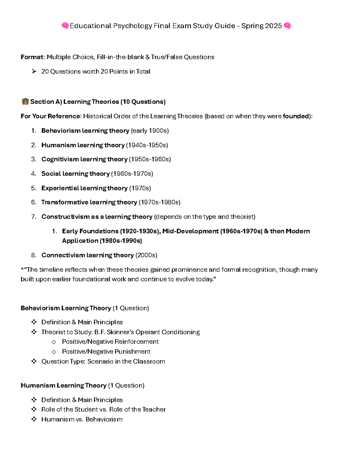 EDU 101 Final Exam Study Guide: Learning Theories Overview - Studocu